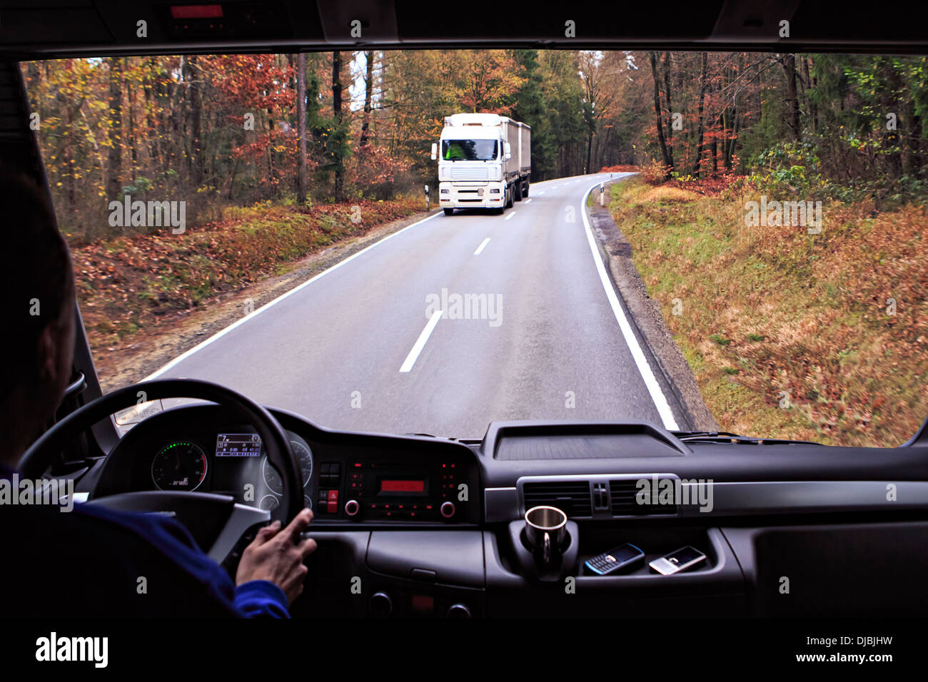driver view from the cockpit of a truck on the road Stock Photo - Alamy