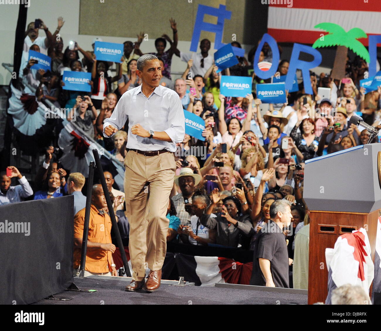 U.S. President Barack Obama takes the stage at a campaign rally at the ...