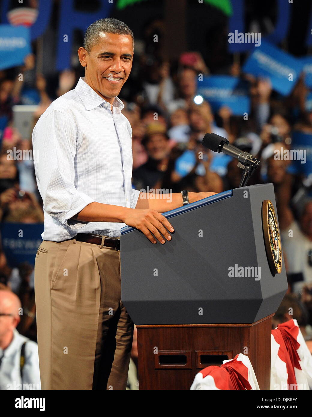 U.S. President Barack Obama takes the stage at a campaign rally at the ...