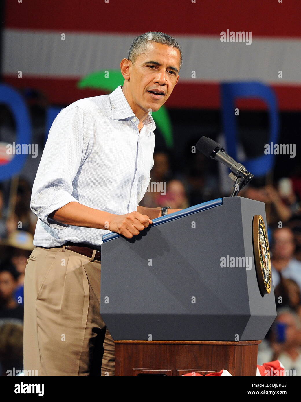 U.S. President Barack Obama takes the stage at a campaign rally at the ...