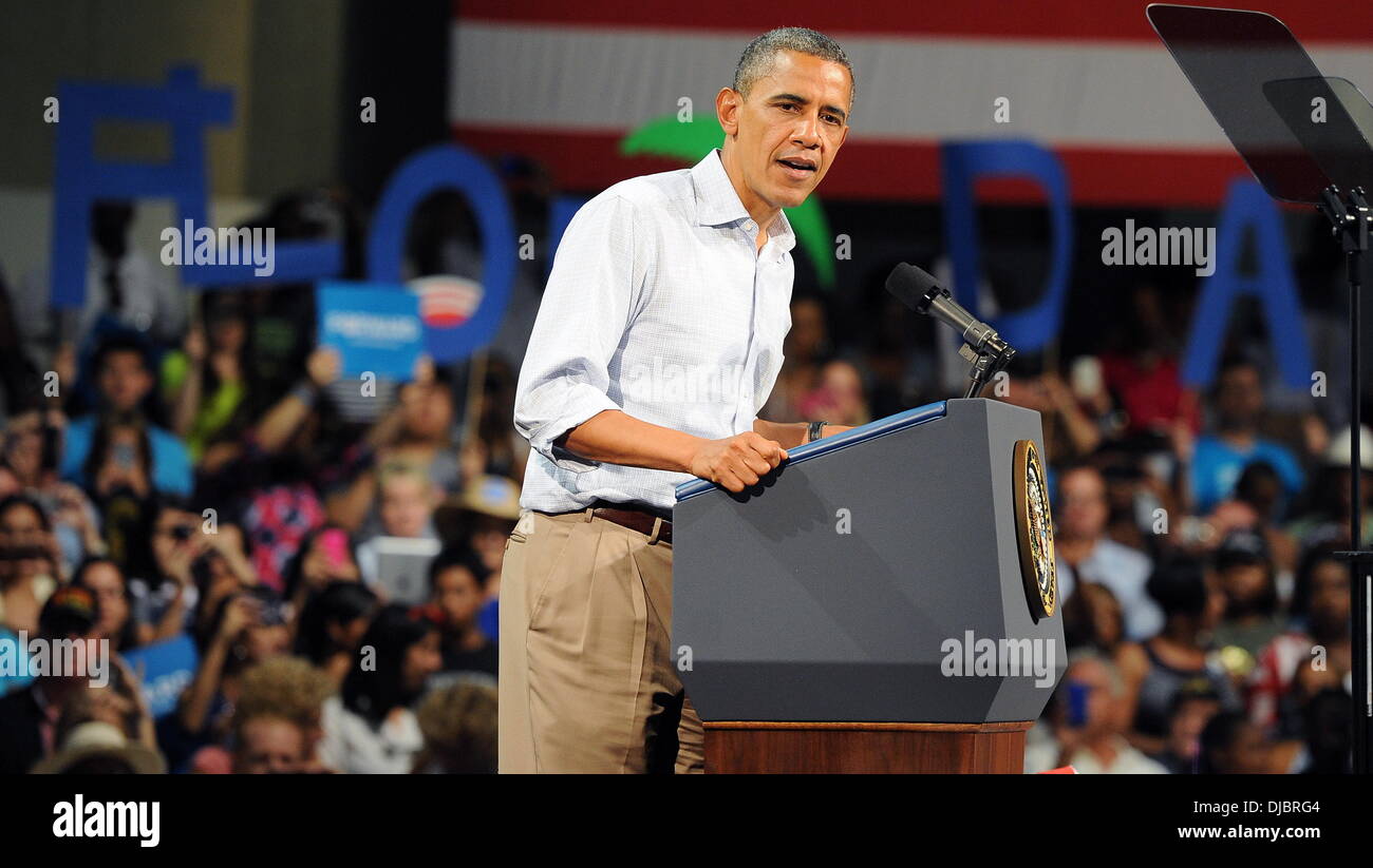 U.S. President Barack Obama takes the stage at a campaign rally at the ...