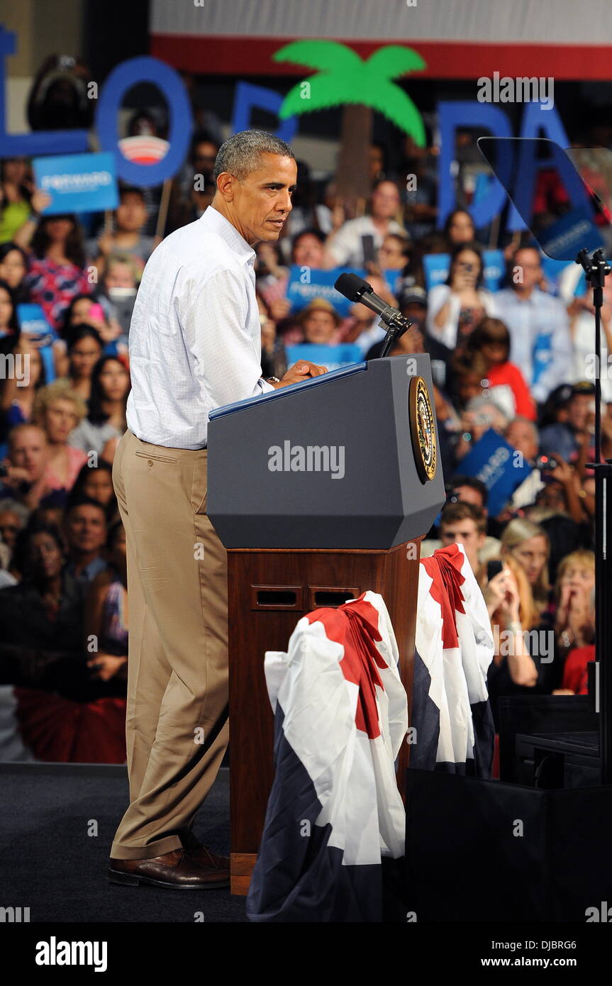 U.S. President Barack Obama takes the stage at a campaign rally at the ...