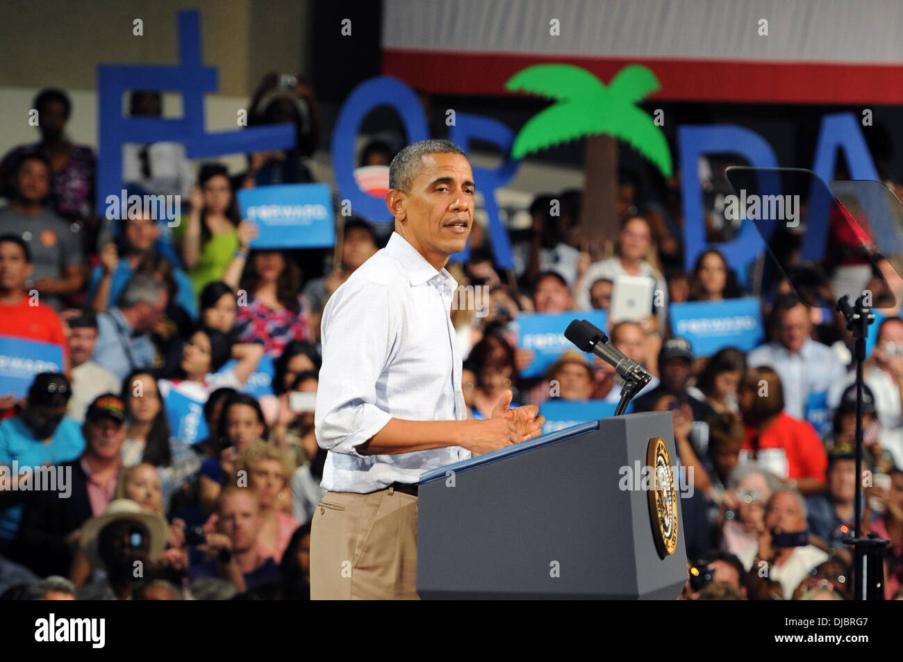 U.S. President Barack Obama takes the stage at a campaign rally at the ...