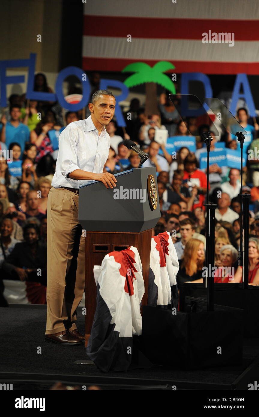 U.S. President Barack Obama takes the stage at a campaign rally at the ...