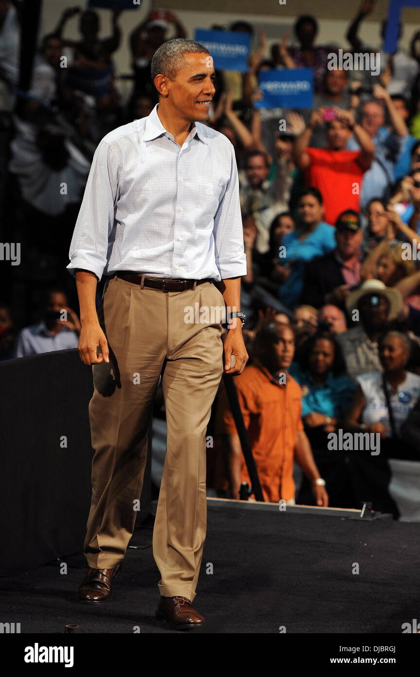 U.S. President Barack Obama takes the stage at a campaign rally at the ...