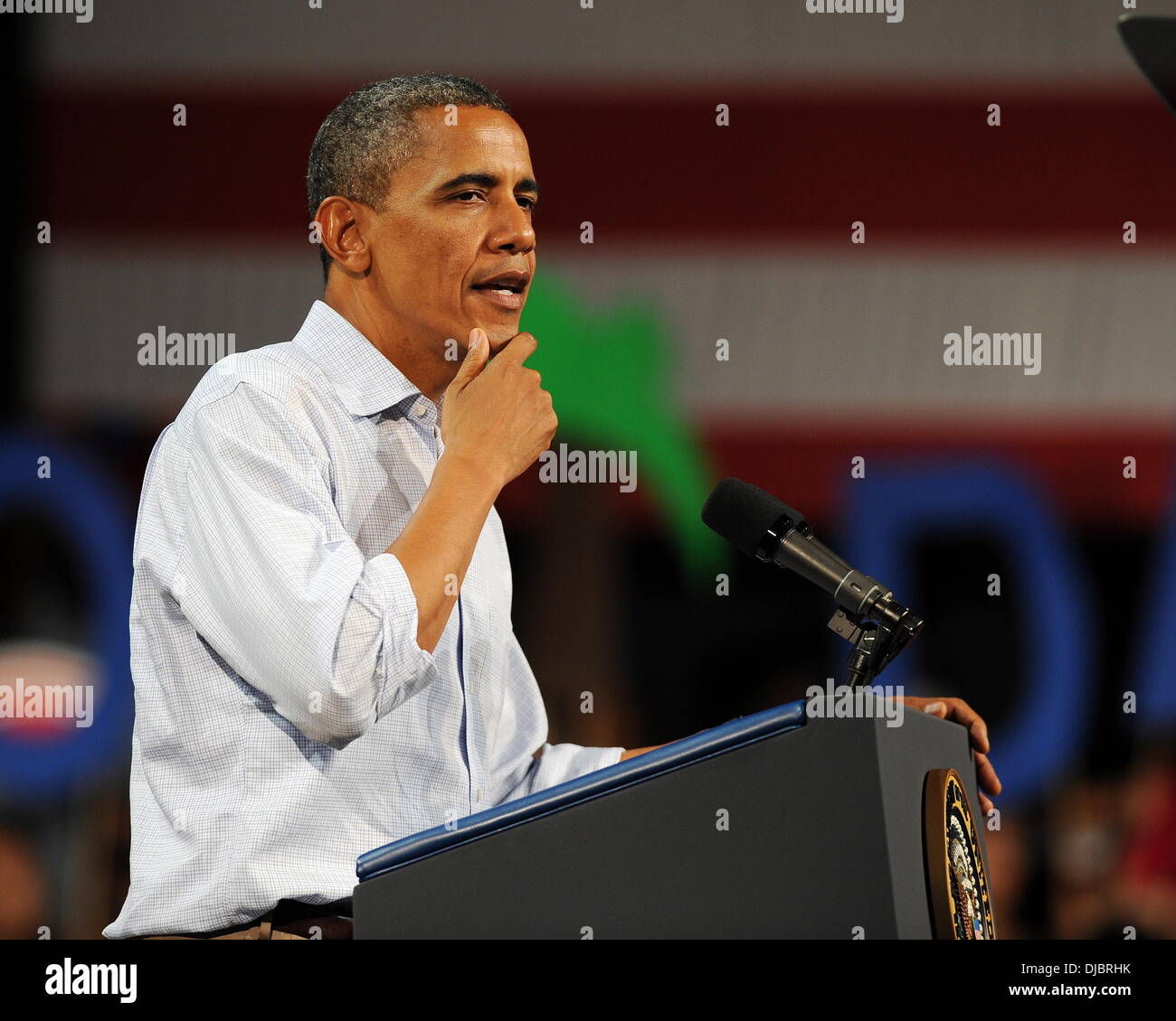 U.S. President Barack Obama takes the stage at a campaign rally at the ...