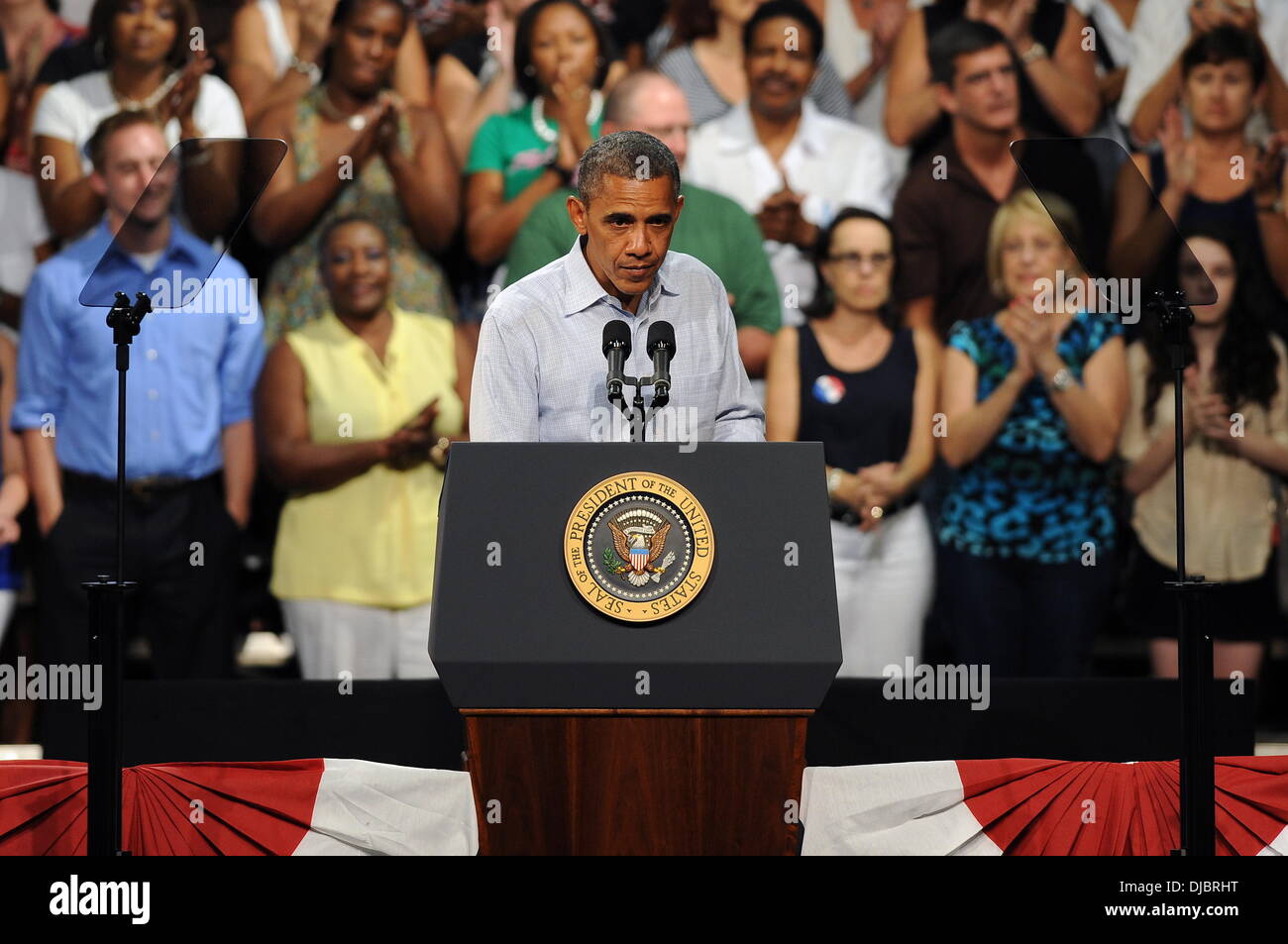 U.S. President Barack Obama takes the stage at a campaign rally at the ...