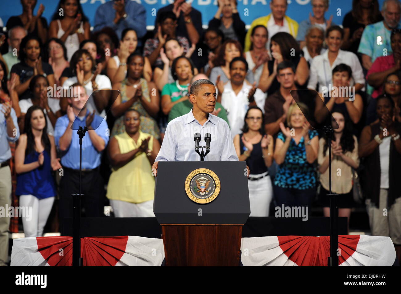 U.S. President Barack Obama takes the stage at a campaign rally at the ...