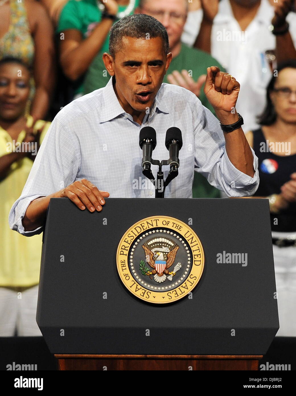 U.S. President Barack Obama takes the stage at a campaign rally at the ...