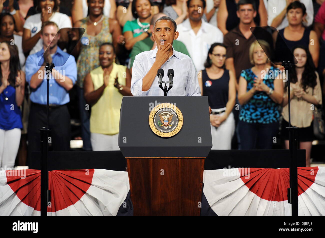 U.S. President Barack Obama takes the stage at a campaign rally at the ...