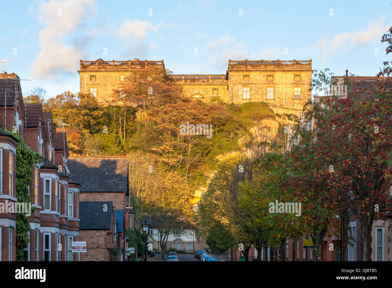 Nottingham Castle, a Ducal mansion, high above local city housing in ...