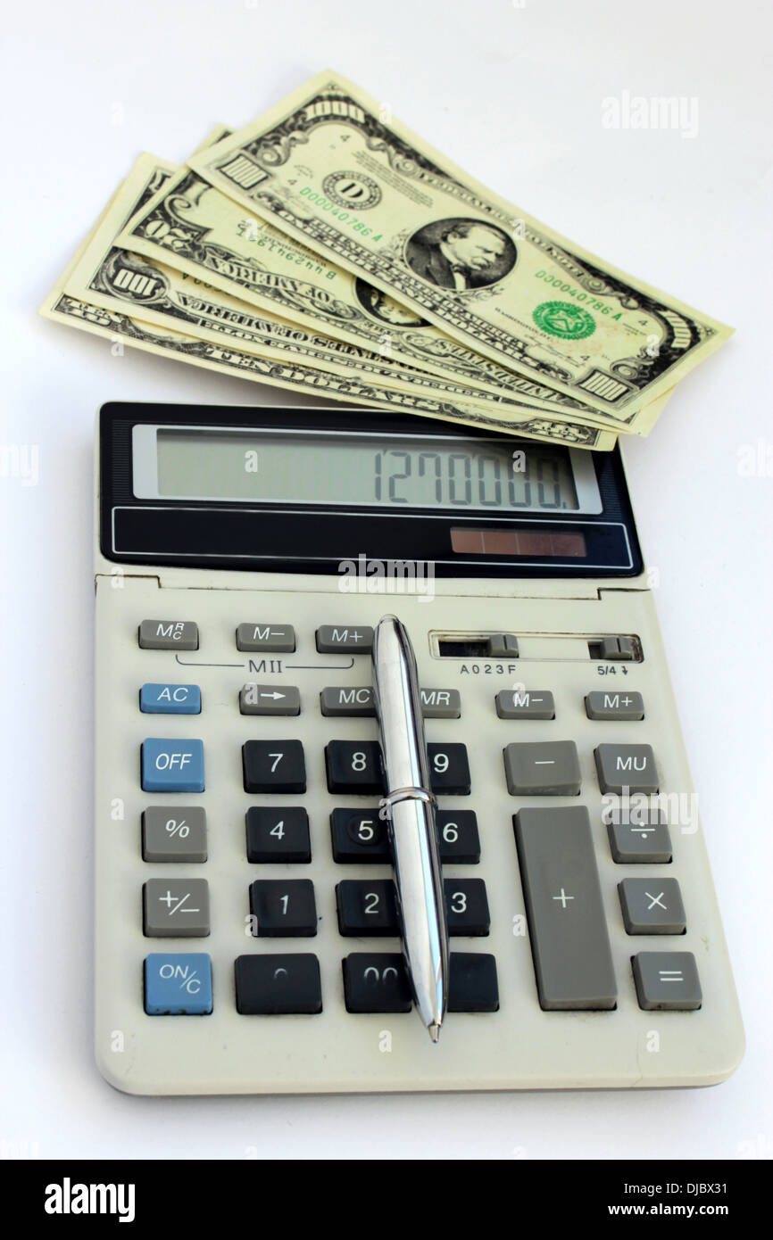 dollar bank notes, calculator, some tables and pen Stock Photo - Alamy