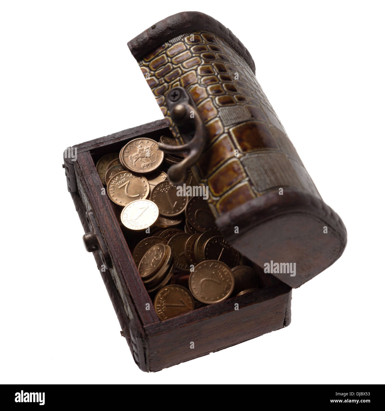 Open wooden box with coins, isolated on white background Stock Photo ...