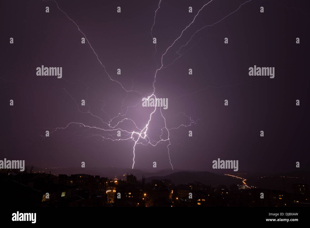 Beautiful powerful lightning over city, zipper and thunderstorm, dark ...
