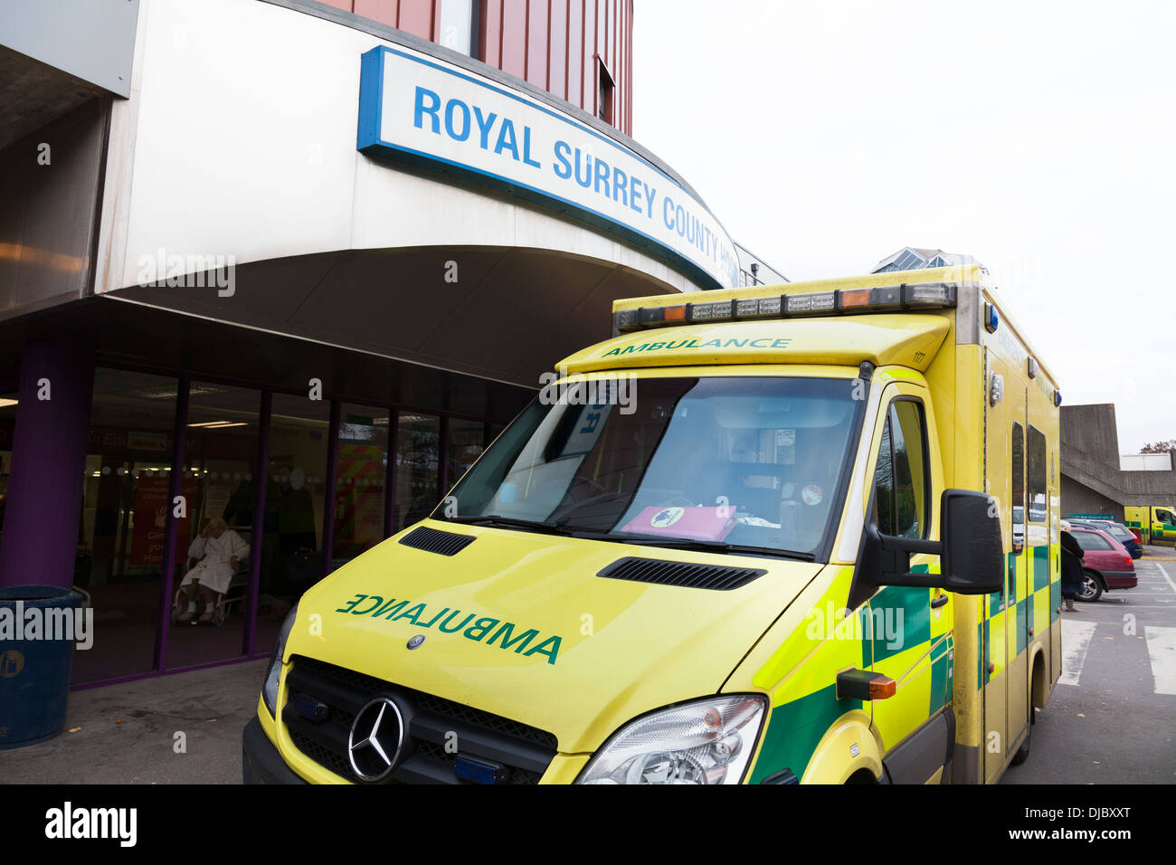 Ambulance outside the exterior of Royal Surrey County Hospital at ...