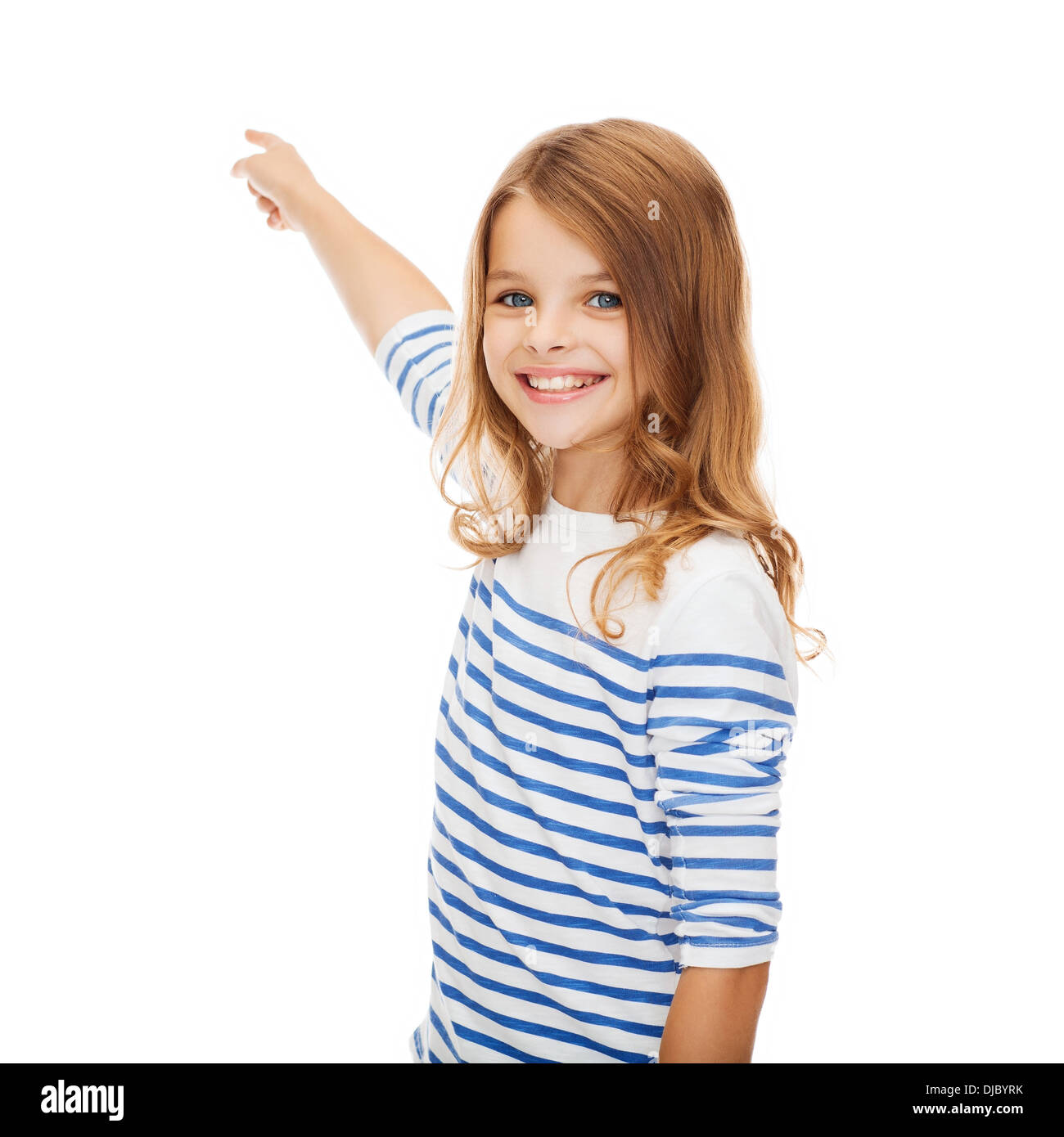 smiling girl pointing at virtual screen Stock Photo - Alamy