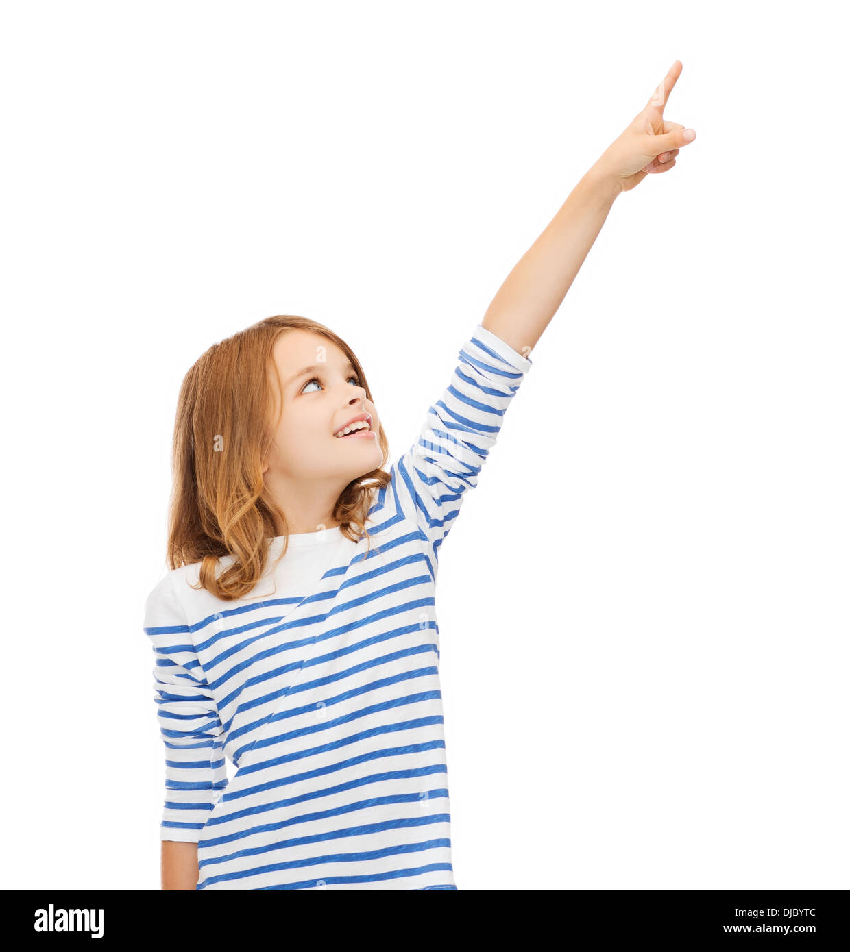 smiling girl pointing at virtual screen Stock Photo - Alamy