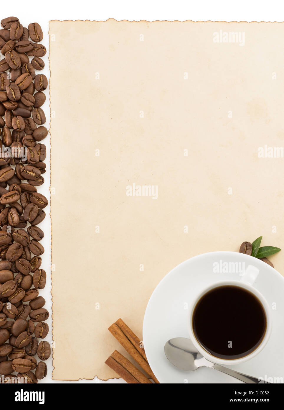 cup of coffee and parchment isolated on white background Stock Photo ...