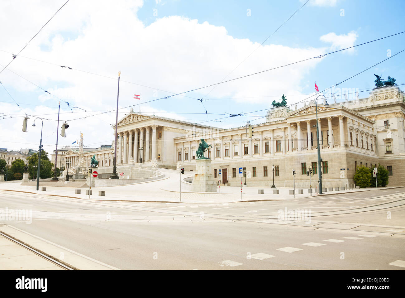 Austrian parliament square and monuments in Vienna on sunny day Stock ...