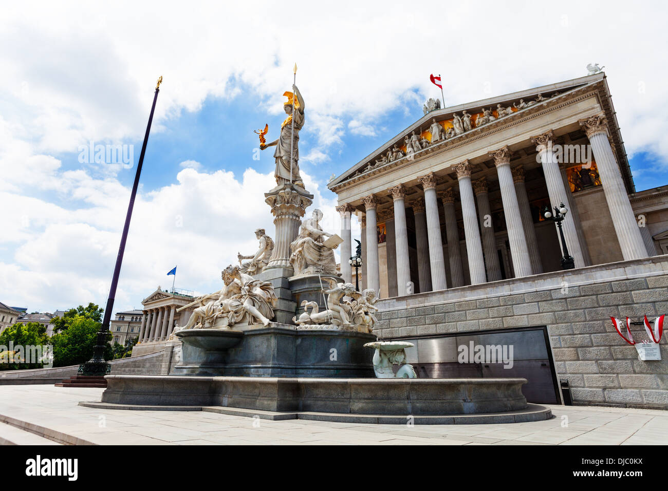 Austrian Parliament building and beautiful fountain in Vienna Stock ...