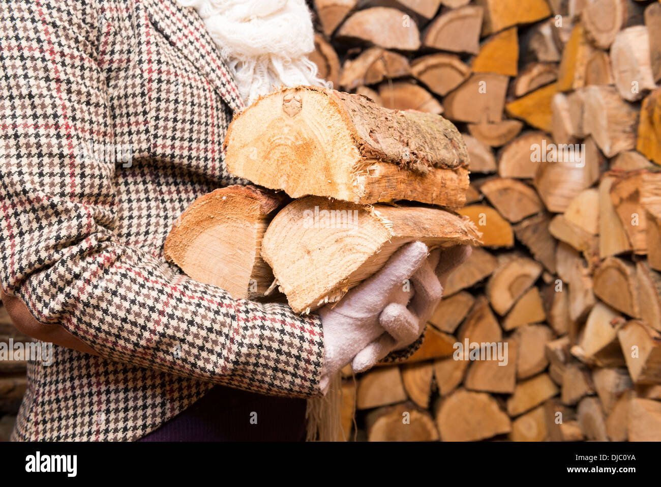 A woman collecting logs for a fire Stock Photo - Alamy