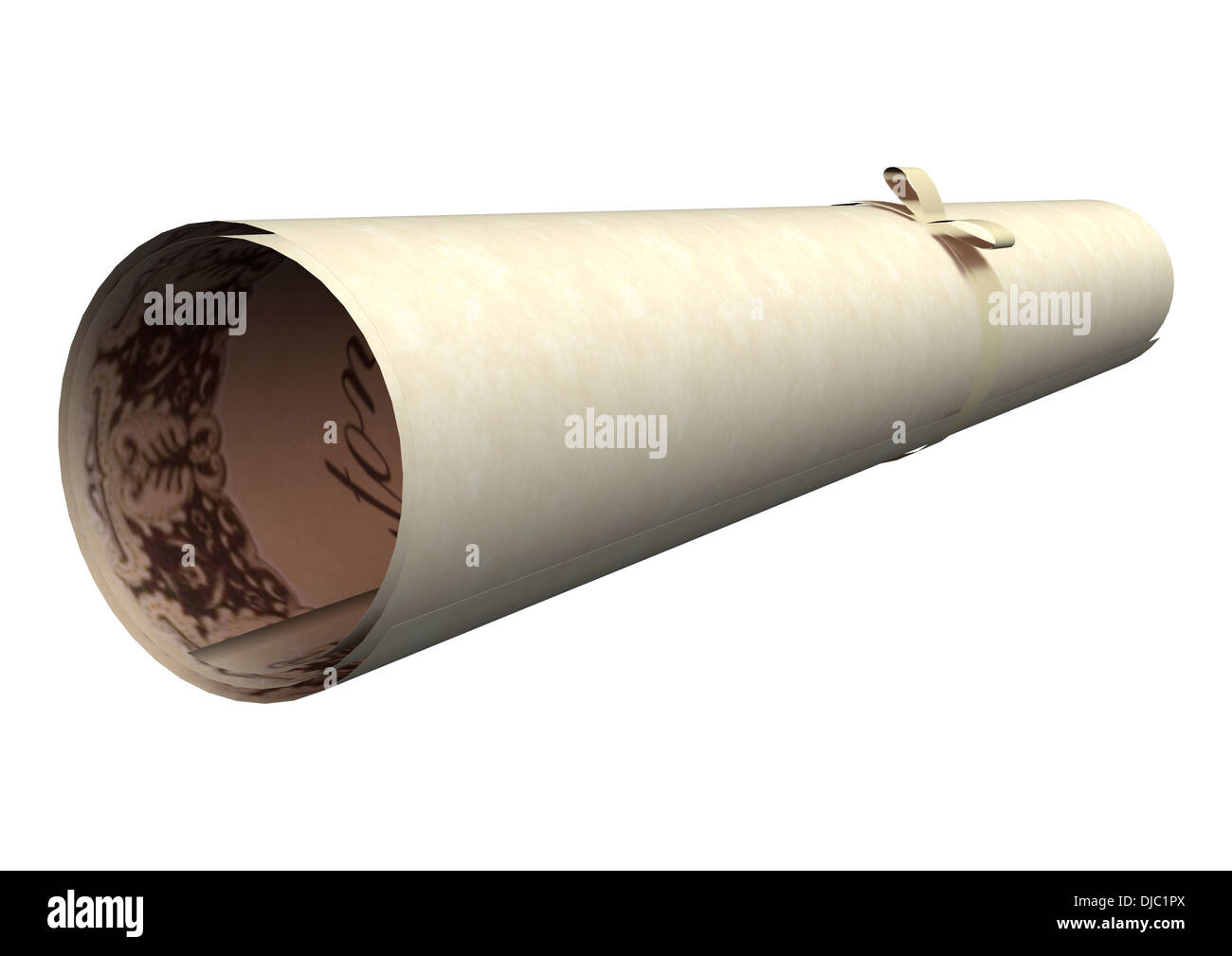 3D digital render of a rolled diploma or parchment with a ribbon ...