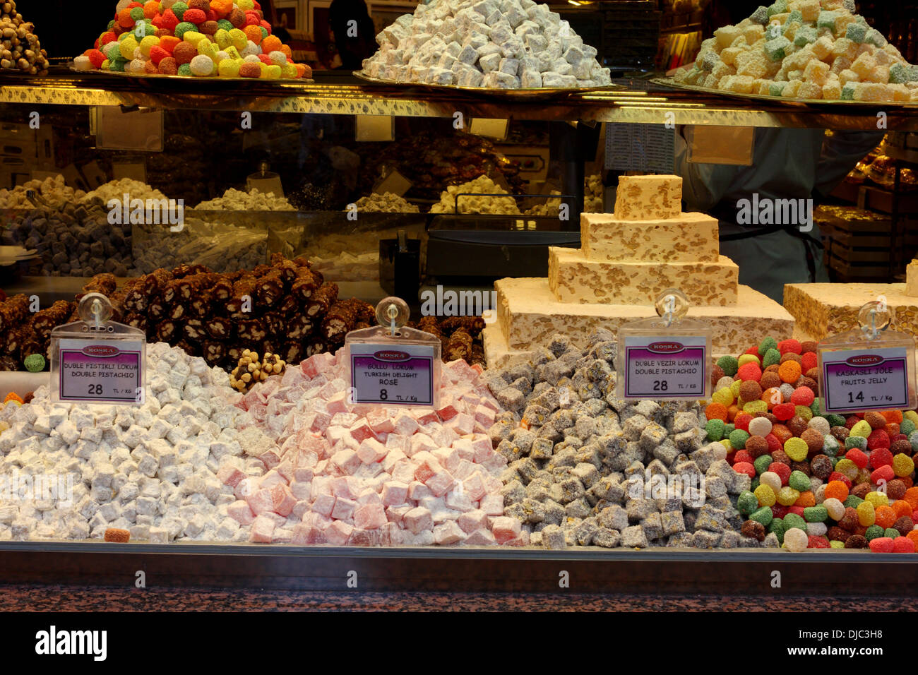 Turkish delight and other sweets in a shop window on Istiklal Caddesi ...