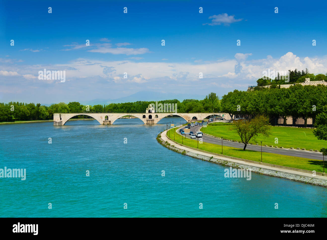 Partially ruined old bridge over the river in Avignon, Provence, France ...
