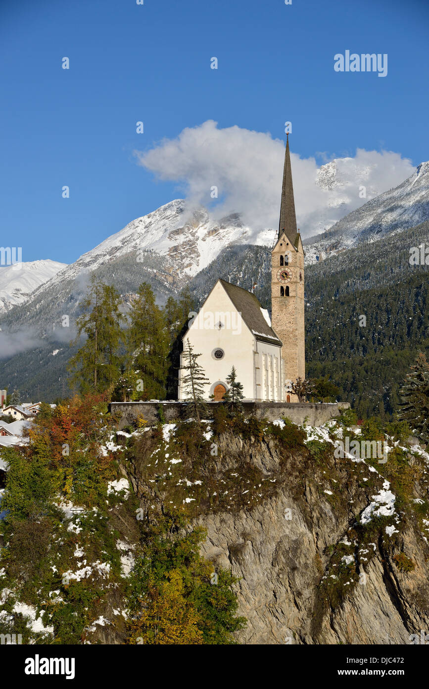 Reformed Church of St. George in front of mountain scenery, Scuol ...