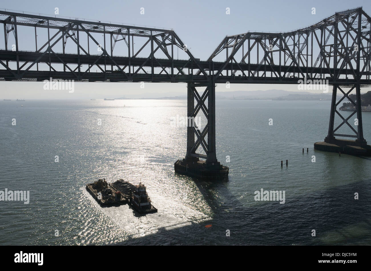 Old Bridge and Bay Barge Viewed from New San Francisco - Oakland Bay ...