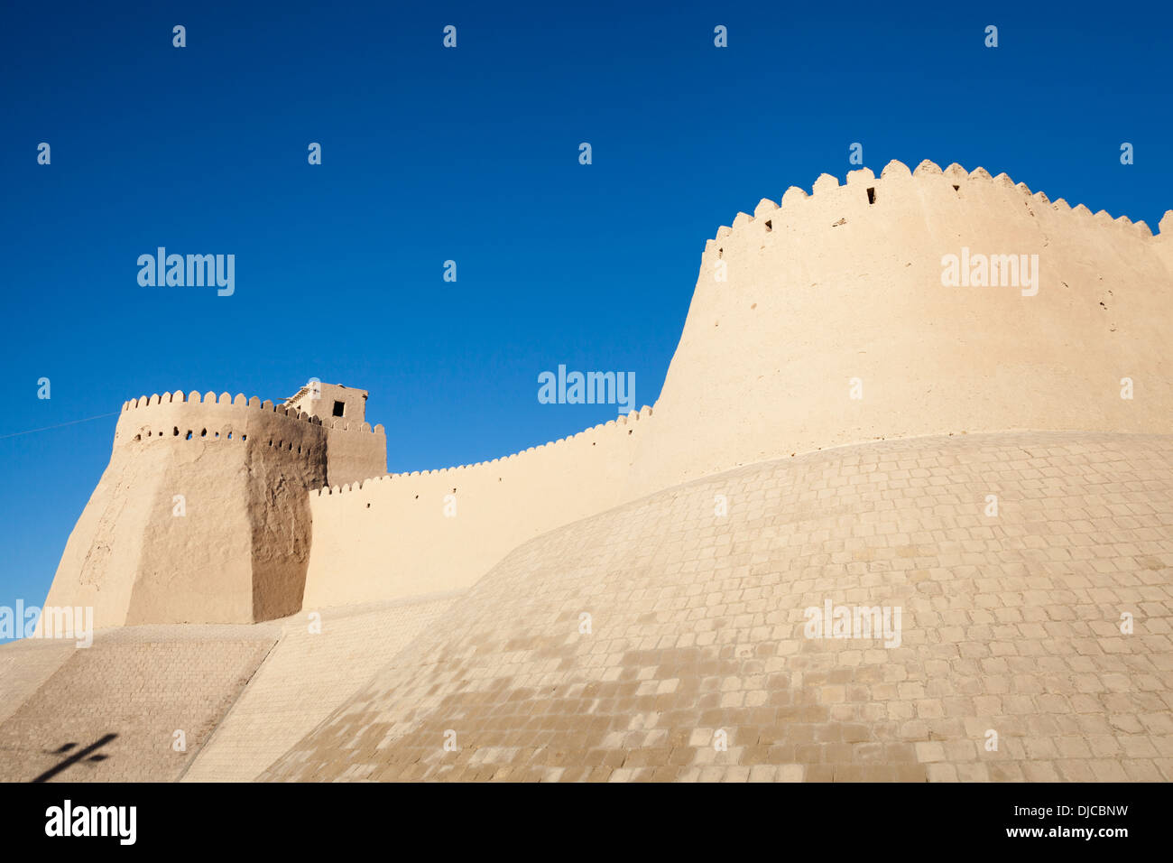 Akshi Bobo, a tower of Kunya Ark, on left, and outer wall of Ichan Kala ...