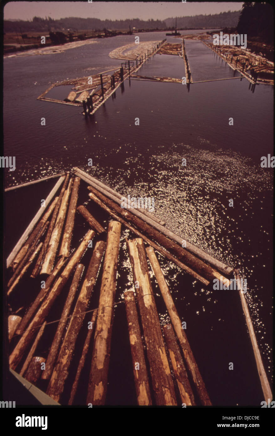 This image shows a log storage area on Coos River, illustrating the use ...