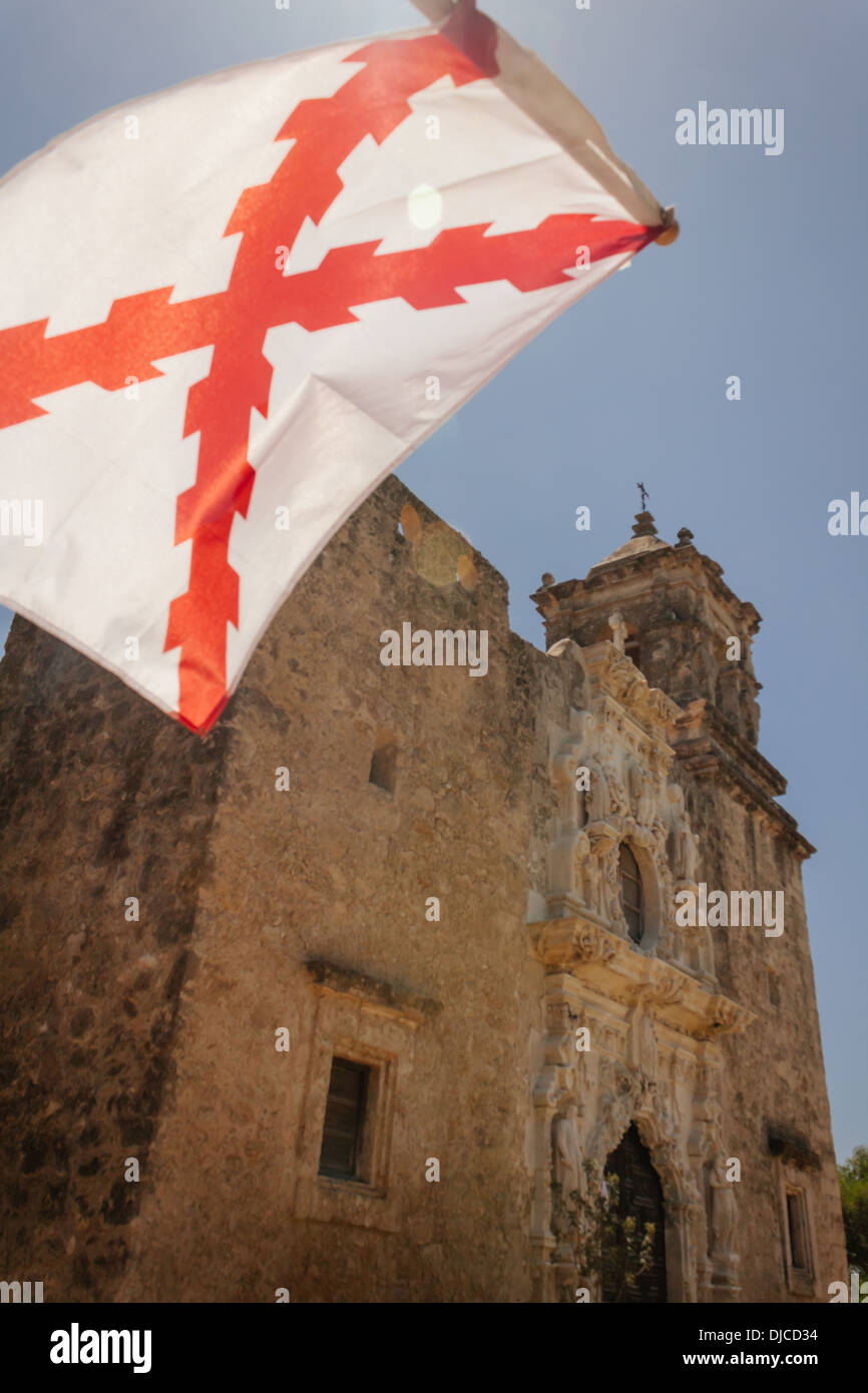 New Spain colonial flag waves in front of the church at Mission San ...