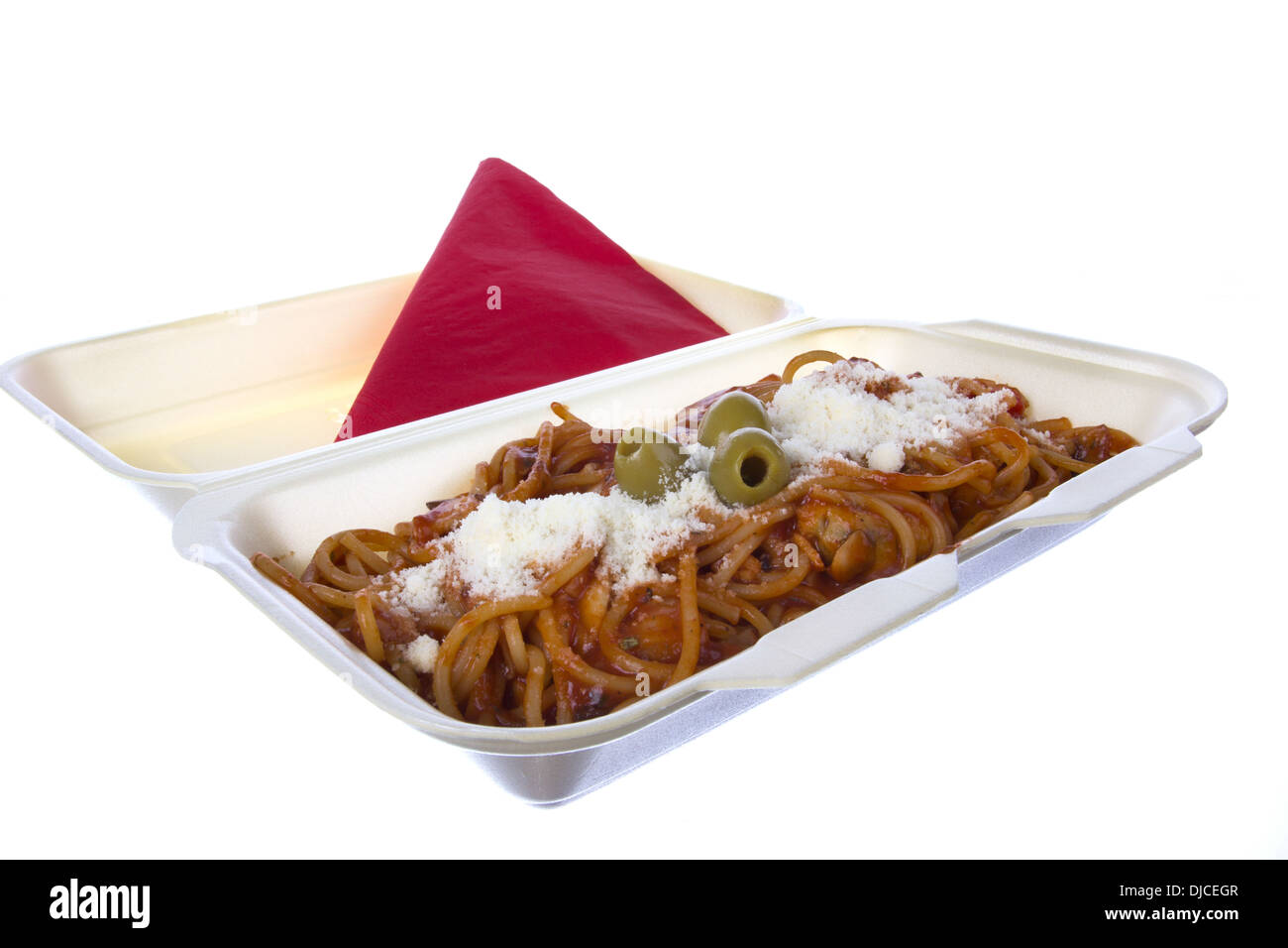 spaghetti bolognese with olives and parmesan in pack Stock Photo - Alamy