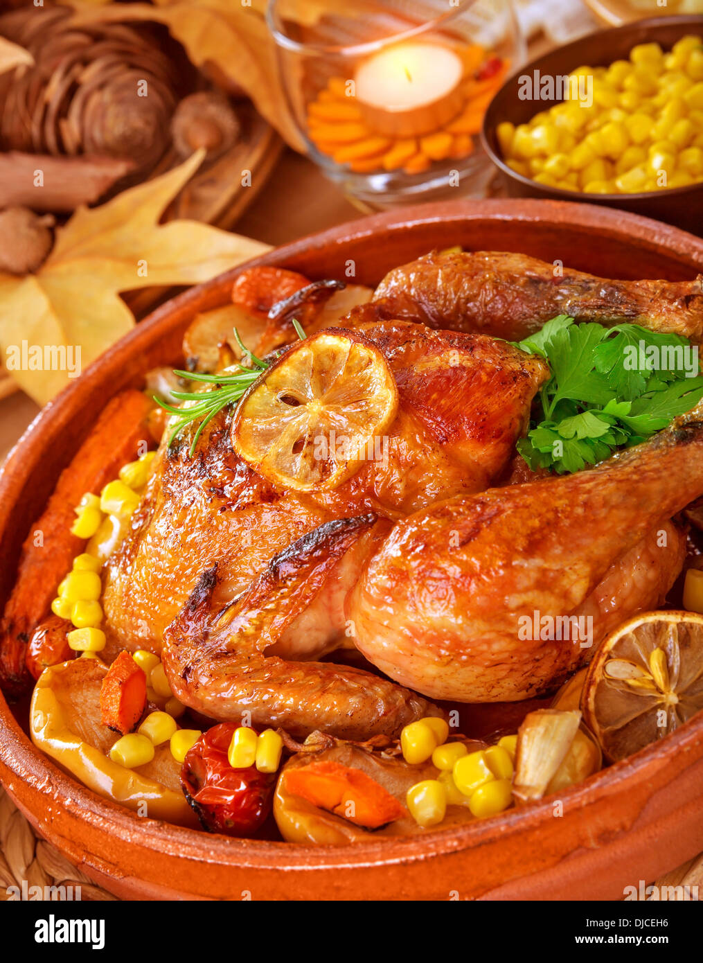 Tasty fried chicken served with fresh vegetables, good roasted chick ...