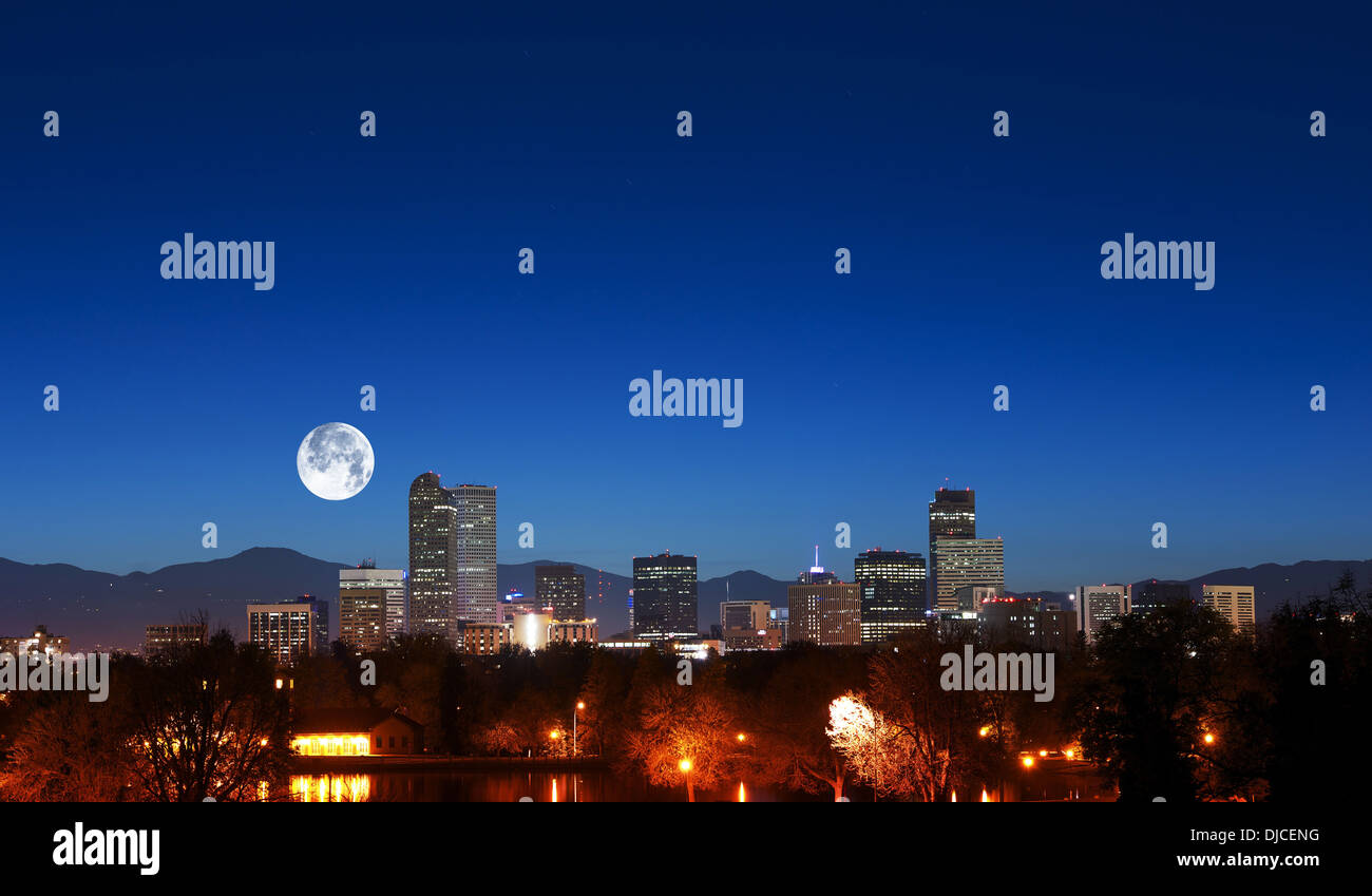Denver Skyline with Moon. Downtown Denver and Rocky Mountains. American ...