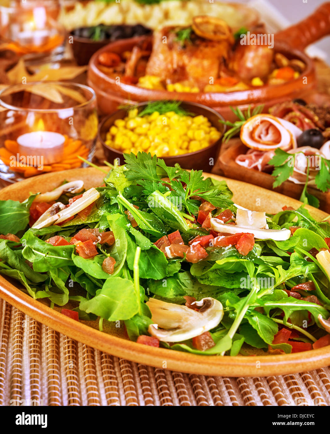 Fresh rocca salad with raw mushrooms, tasty vegetables, healthy ...