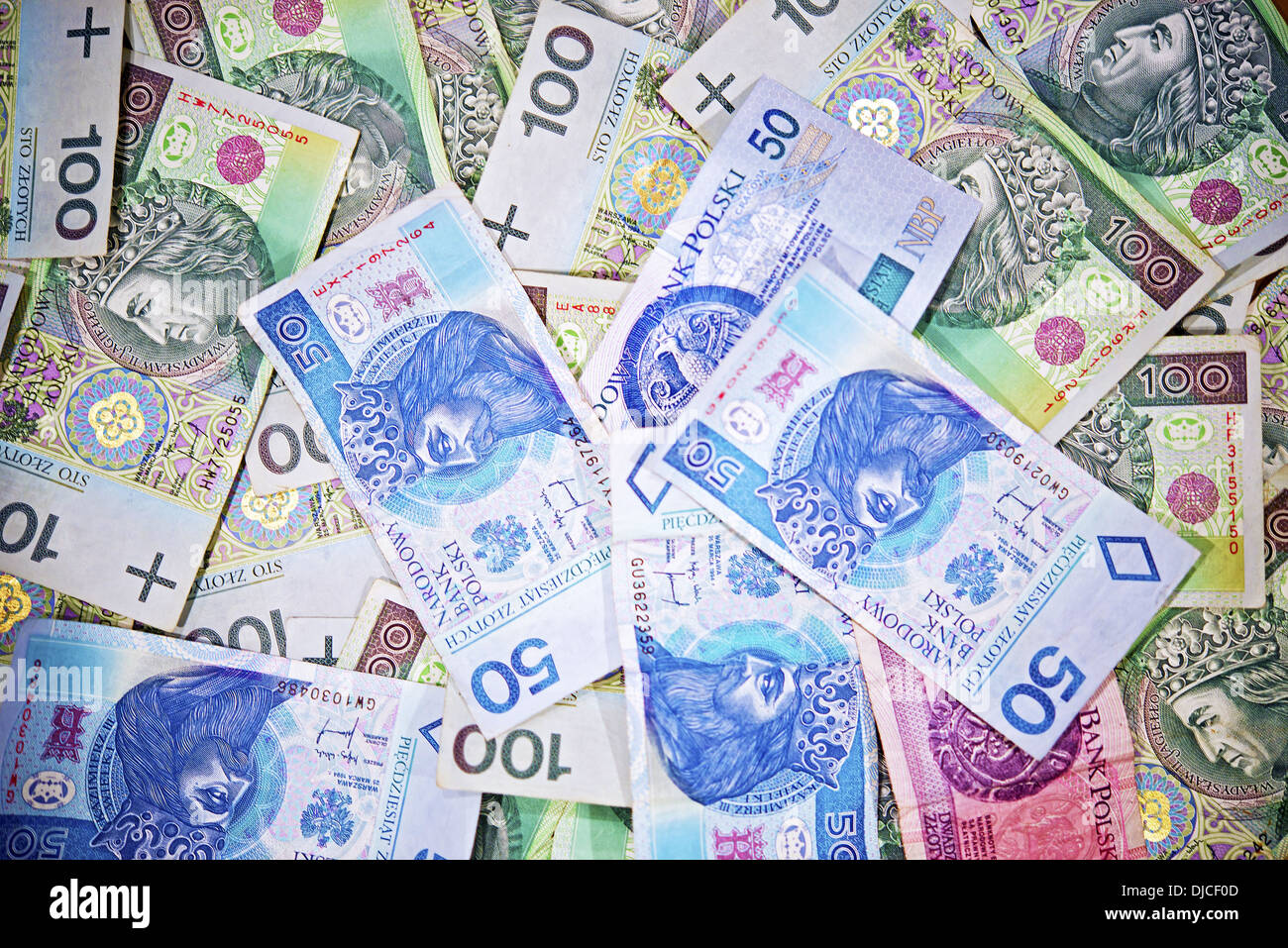 Currency in Poland. Polish Zloty Bills Background Stock Photo - Alamy