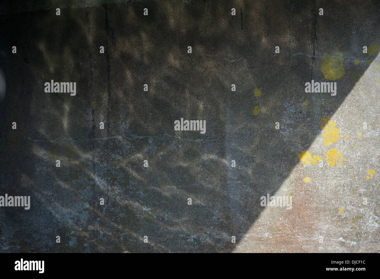 A mottled concrete wall half in shadow with the rippling reflection of ...