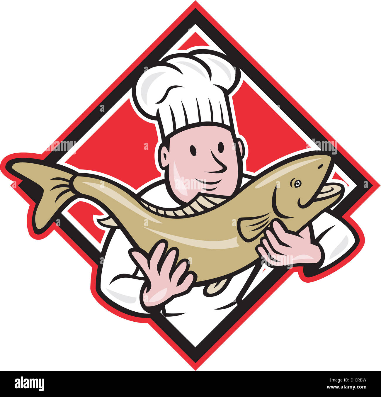 Illustration of a chef cook handling holding up a trout salmon fish ...