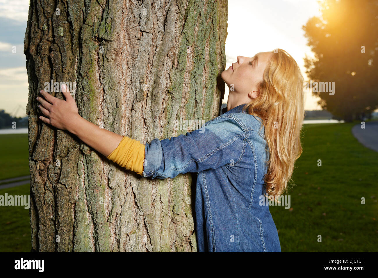 Germany, Dusseldorf, Young woman hugging tree Stock Photo - Alamy