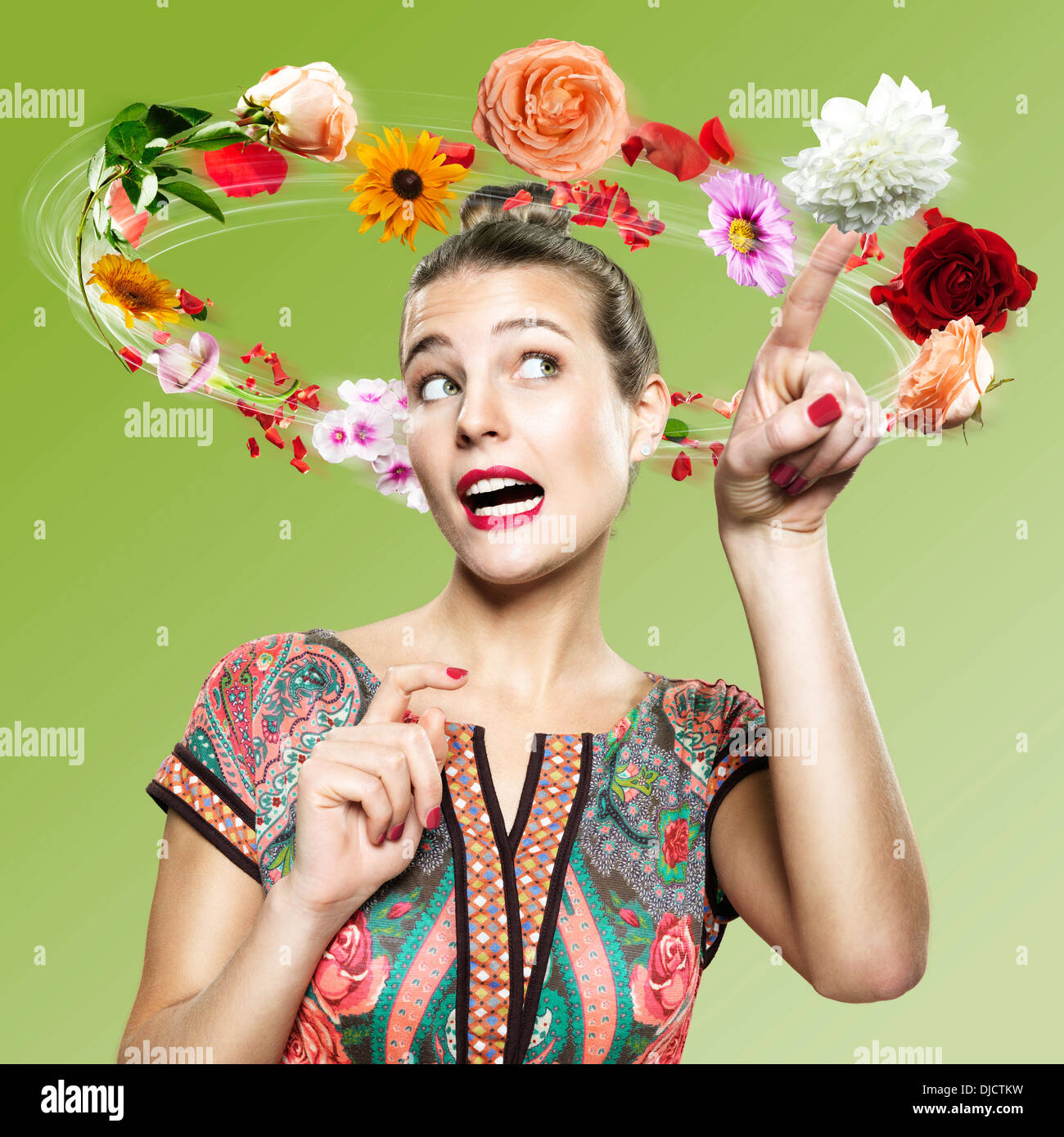Young woman with flying flowers around her head, Composite Stock Photo ...