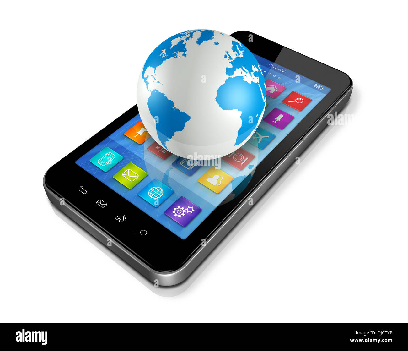 3D smartphone, mobile phone and world globe isolated on white Stock ...