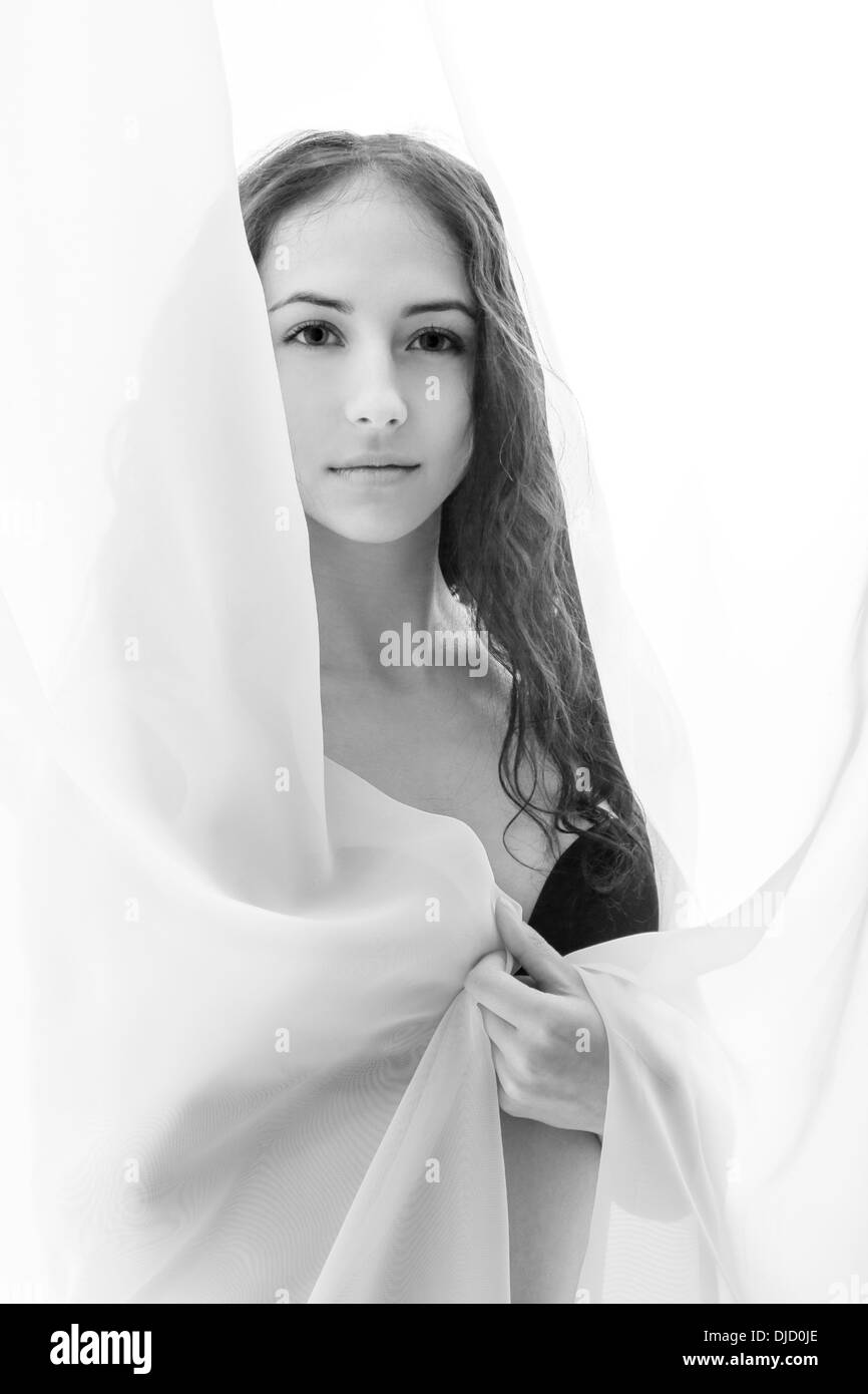 beautiful young woman in black bra and white veil monochrome Stock ...