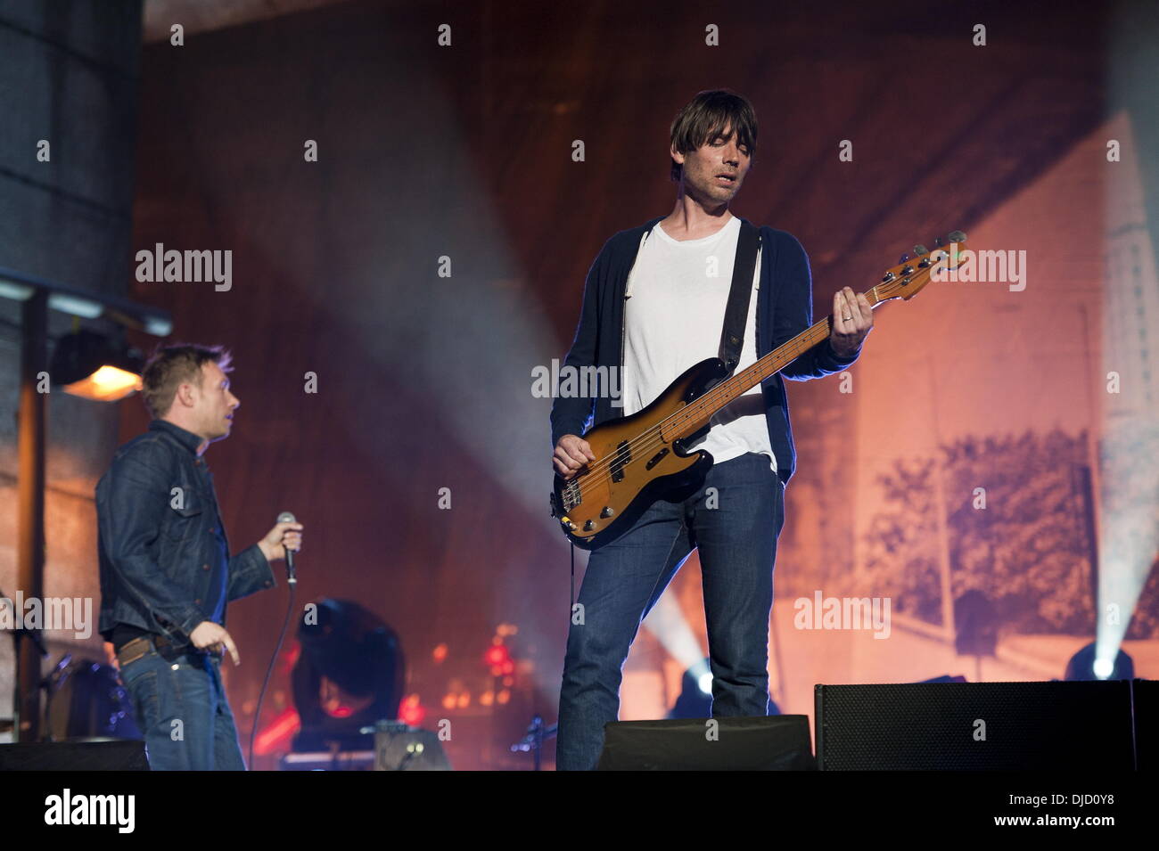 Blur performs on stage during the BT London Live closing ceremony ...