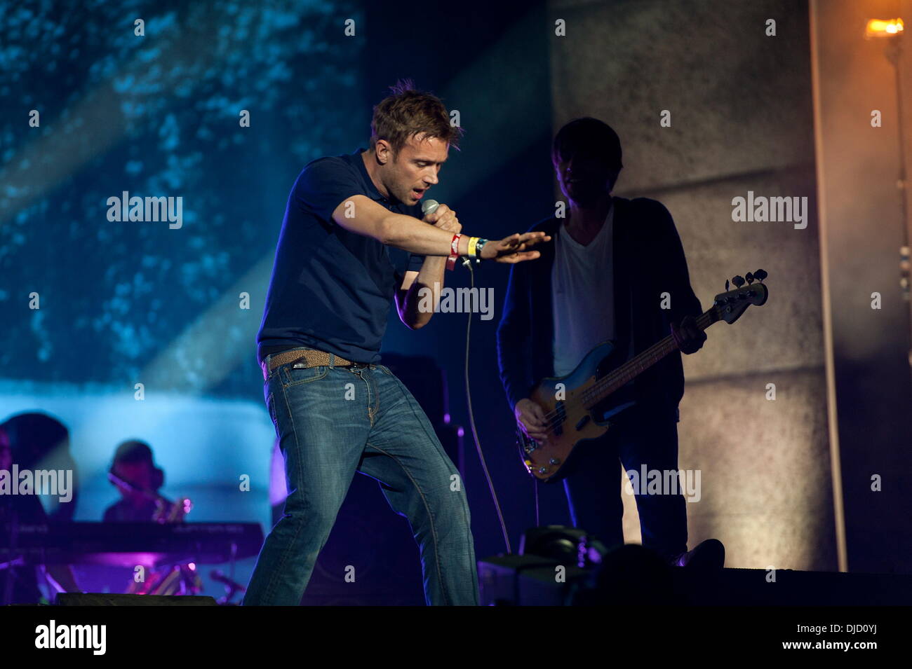 Blur performs on stage during the BT London Live closing ceremony ...