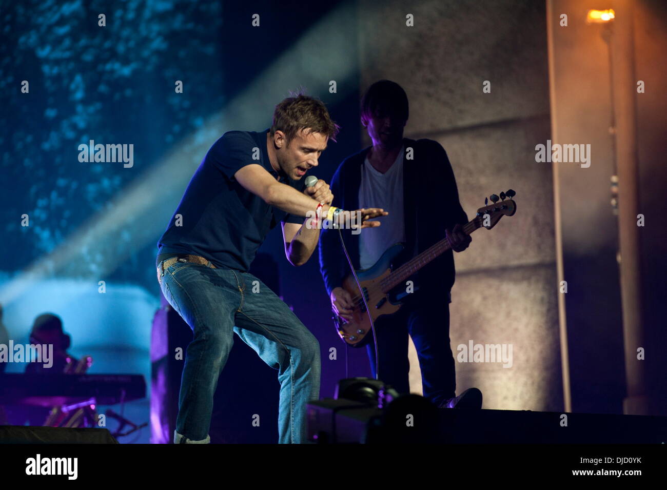 Blur performs on stage during the BT London Live closing ceremony ...