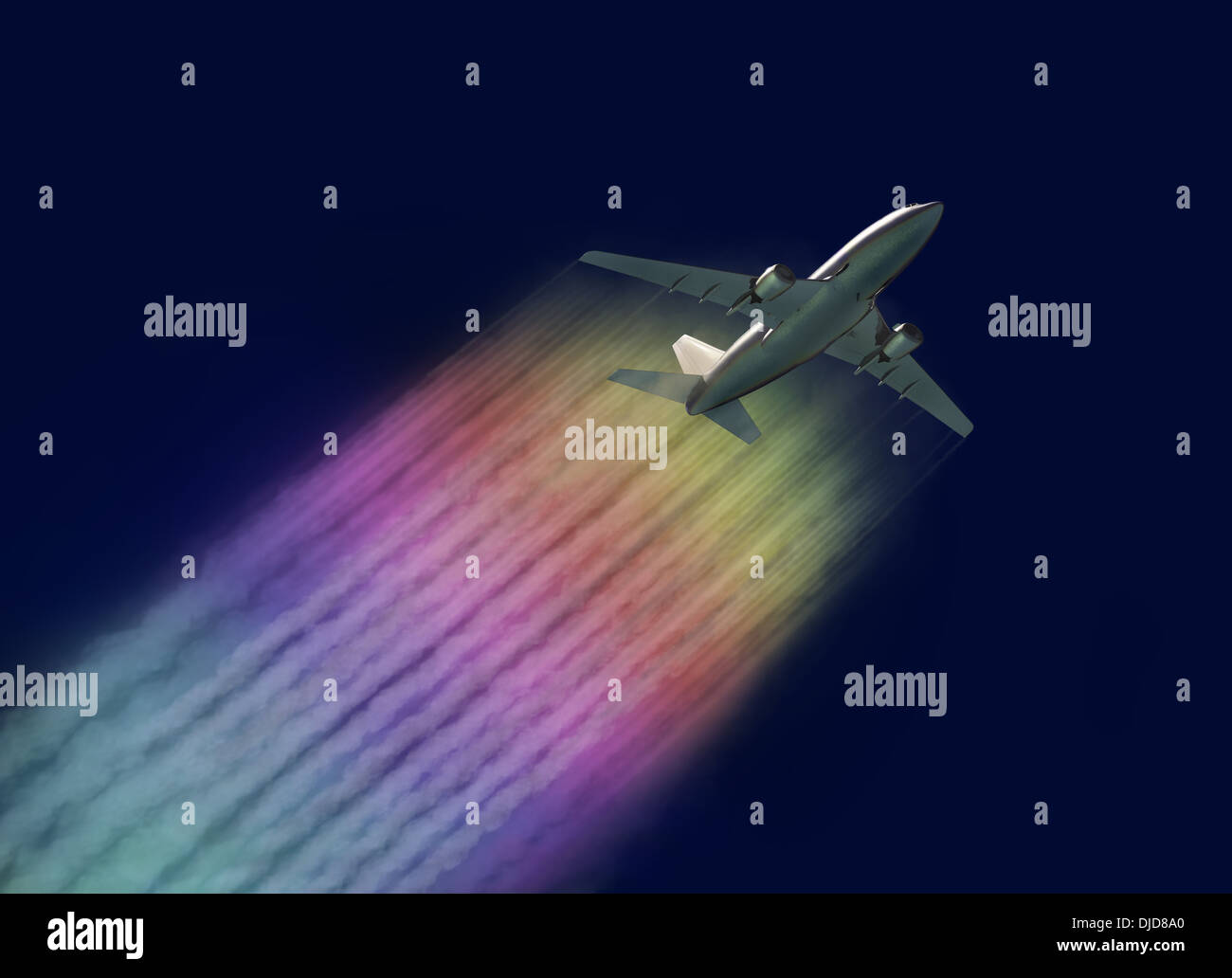 Airplane with a rainbow contrails Stock Photo - Alamy