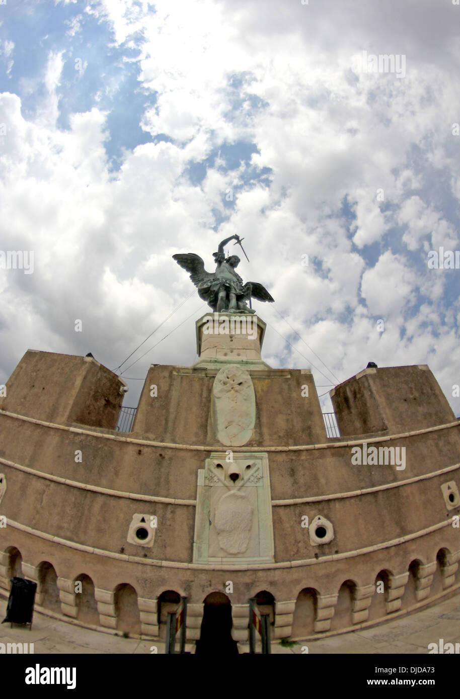 bronze statue of an Angel on top of the castle of Saint Angel shot by ...