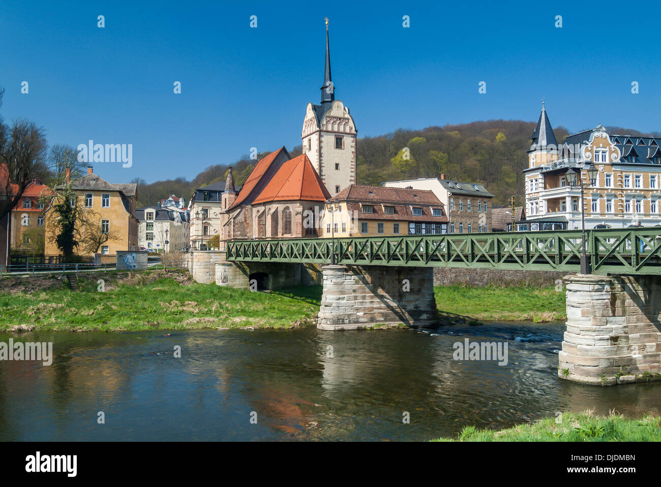 Weiße Elster River with the Untermhäuser Brücke Bridge and St. Mary's ...